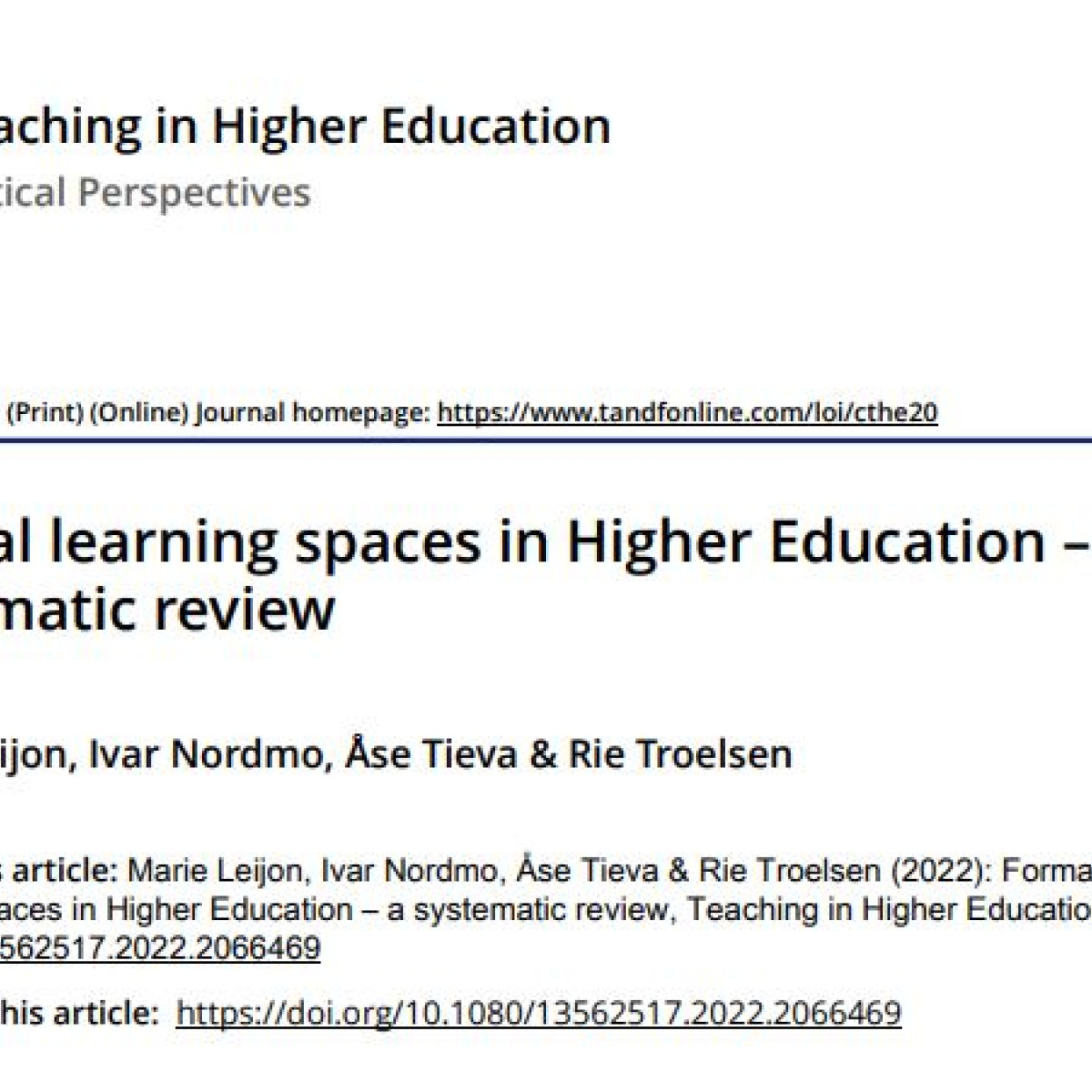 Samenvatting Formal learning spaces in Higher Education - a systematic ...